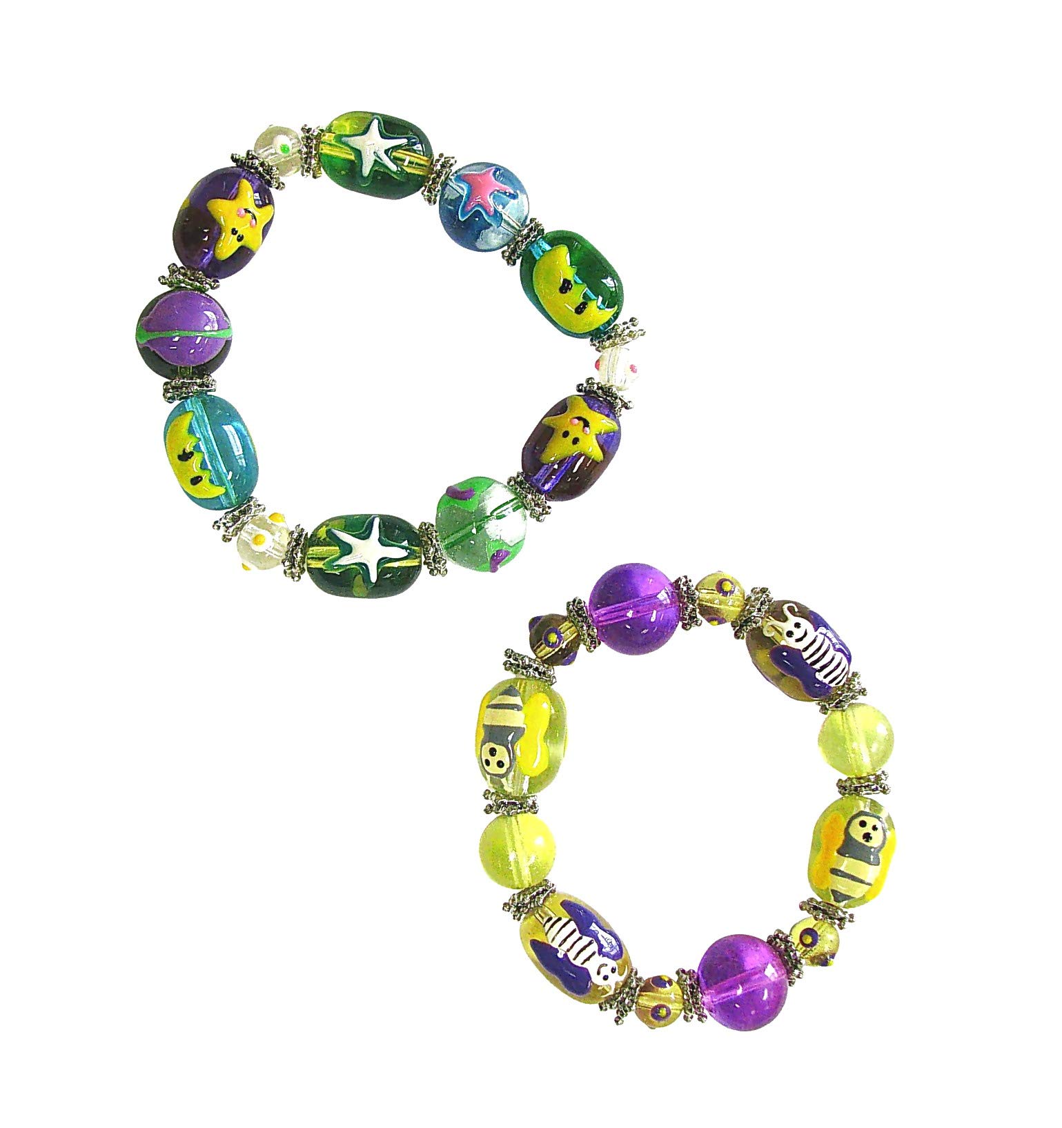 Linpeng GBP-062/070 2-Piece Fiona Hand Painted Moon Star Planet and Bees Glass Beads Stretch Bracelets
