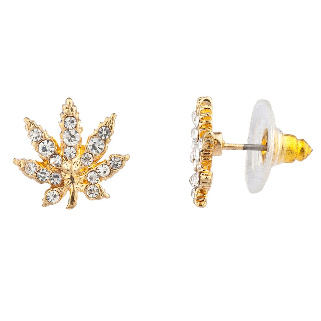 Lux Accessories Marijuana Leaf Pave Crystal 420 Weed Pot Stud Earrings