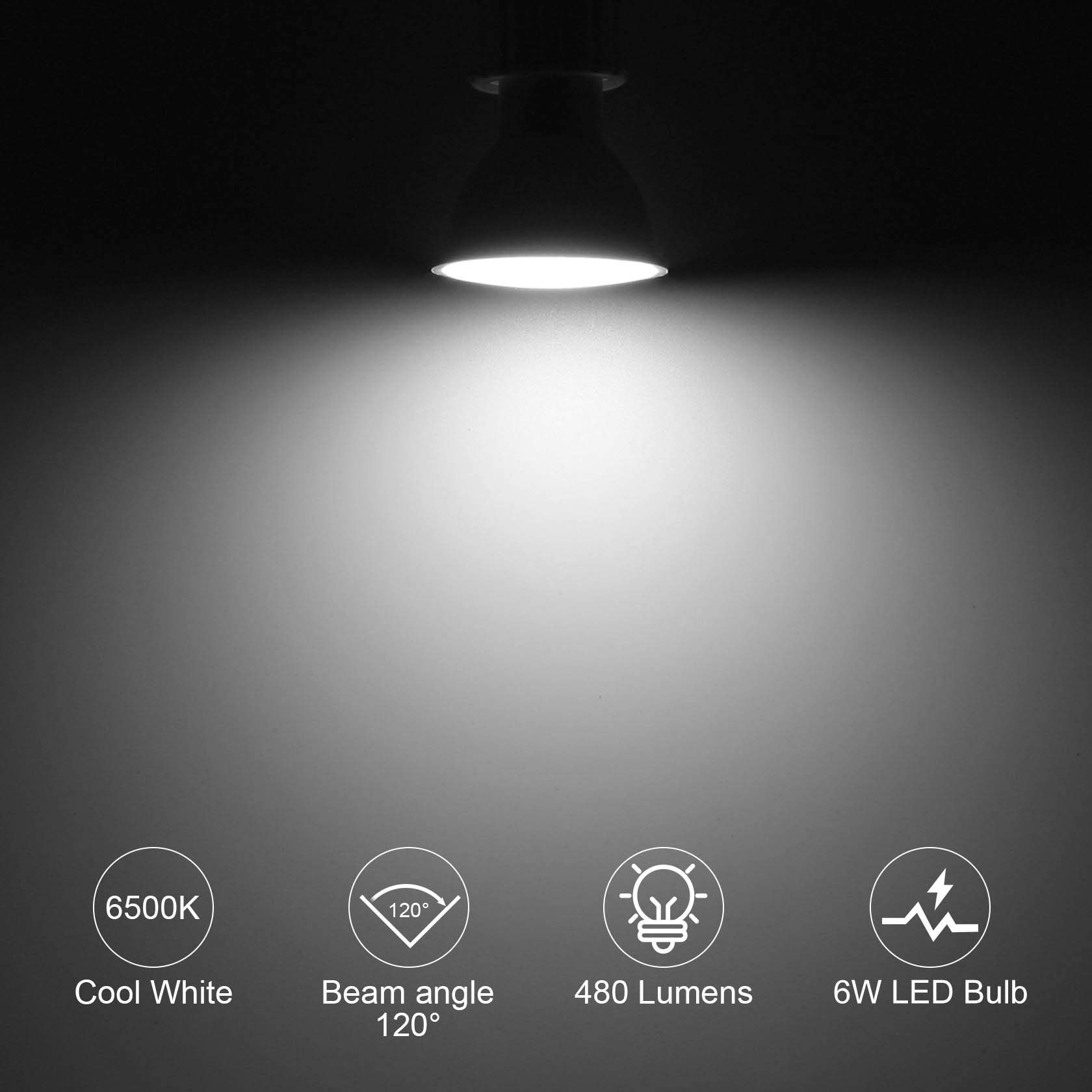 ORALUCE GU10 LED Bulbs, 6 Watt Equivalent to 50W Halogen Light Bulb,Non-dimmable,6500K Cool White, 120 V, 480 Lm,120° Flood Beam Angle, MR16 Shape for Recessed, Track Lighting, Pack of 6