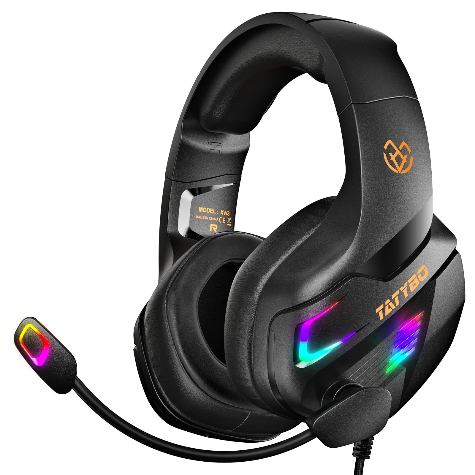 Tatybo Gaming Headset with Mic for PC PS4 PS5 Xbox One Series X/S Switch, PS4 Headset with Super Big Earmuffs & 4 Modes RGB Light, Black (XW3)