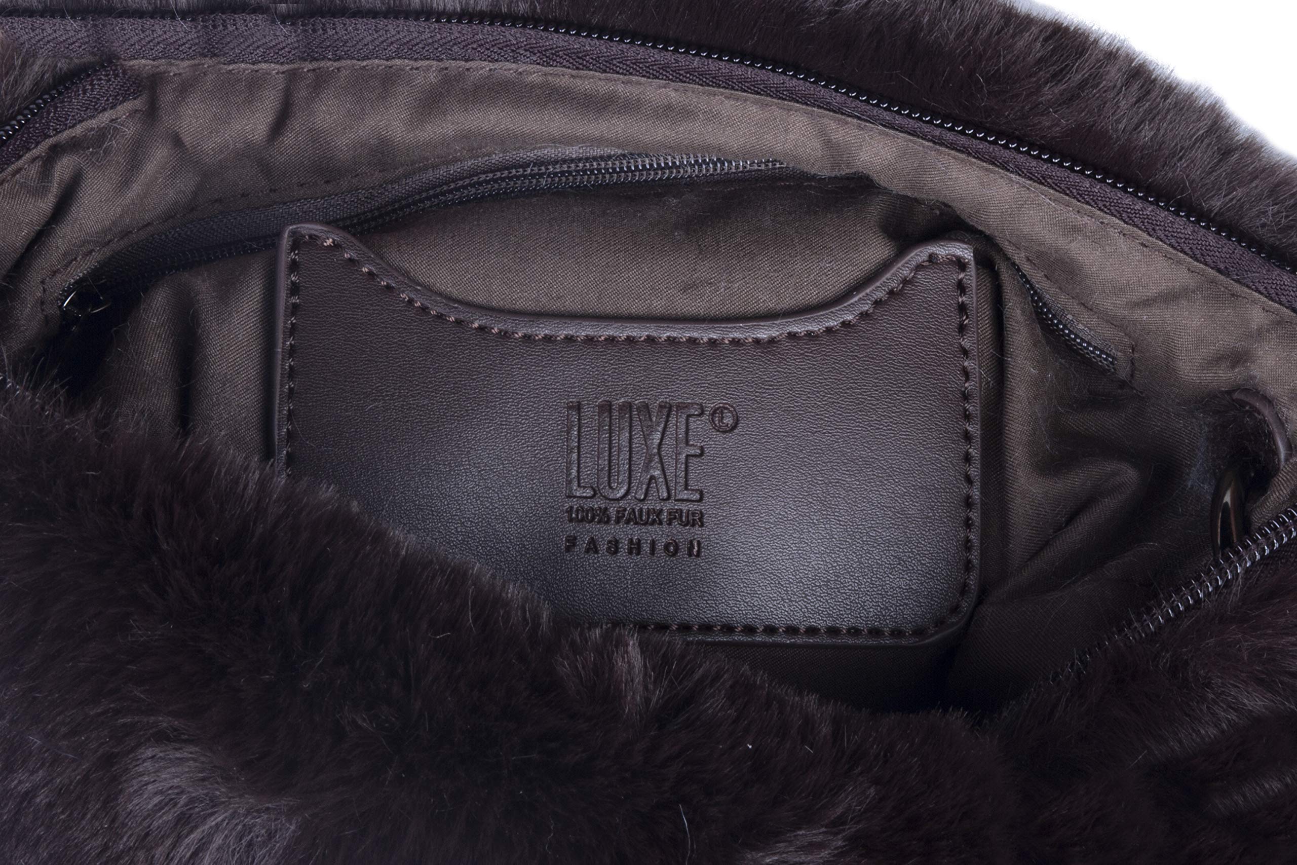Luxe L 100% Faux Fur Purse for Women Soft Modern Crossbody Purse Handbag with Detachable and Adjustable Faux-Leather Strap, Chocolate Brown