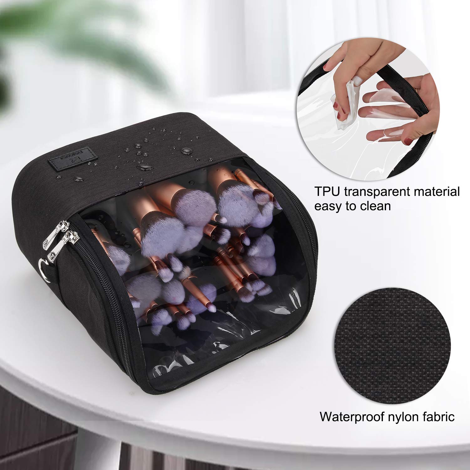 Makeup Brush Case Stand-up Makeup Cup Makeup Brush Holder Travel Professional Cosmetic Bag Artist Storage Bag with Shoulder Strap and Adjustable Divider (Large, Black)