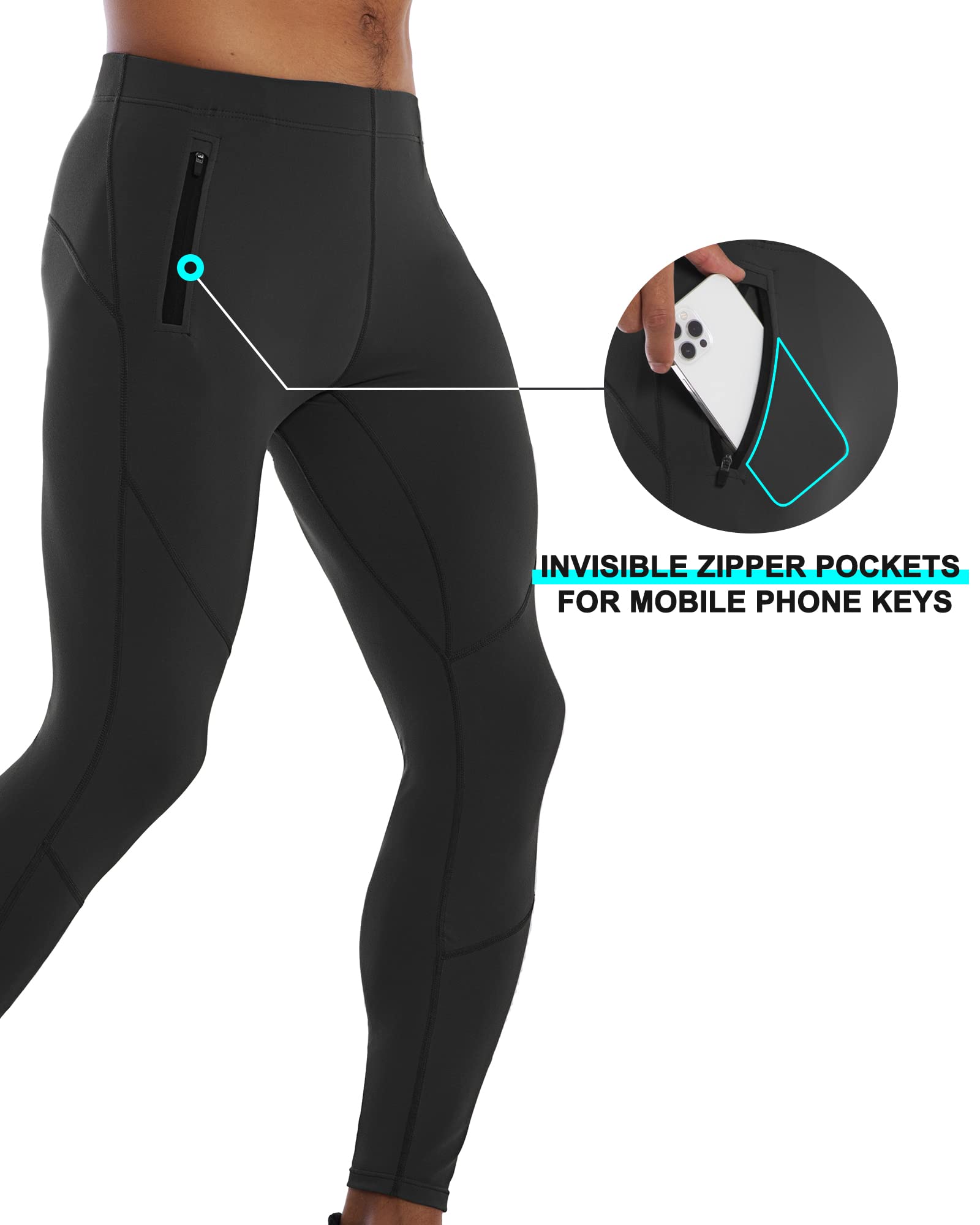 Runhit Compression Pants Men with Zipper Pocket Running Pants Tights Leggings Men's Cycling Pants Thermal Yoga Workout Athletic Black Medium