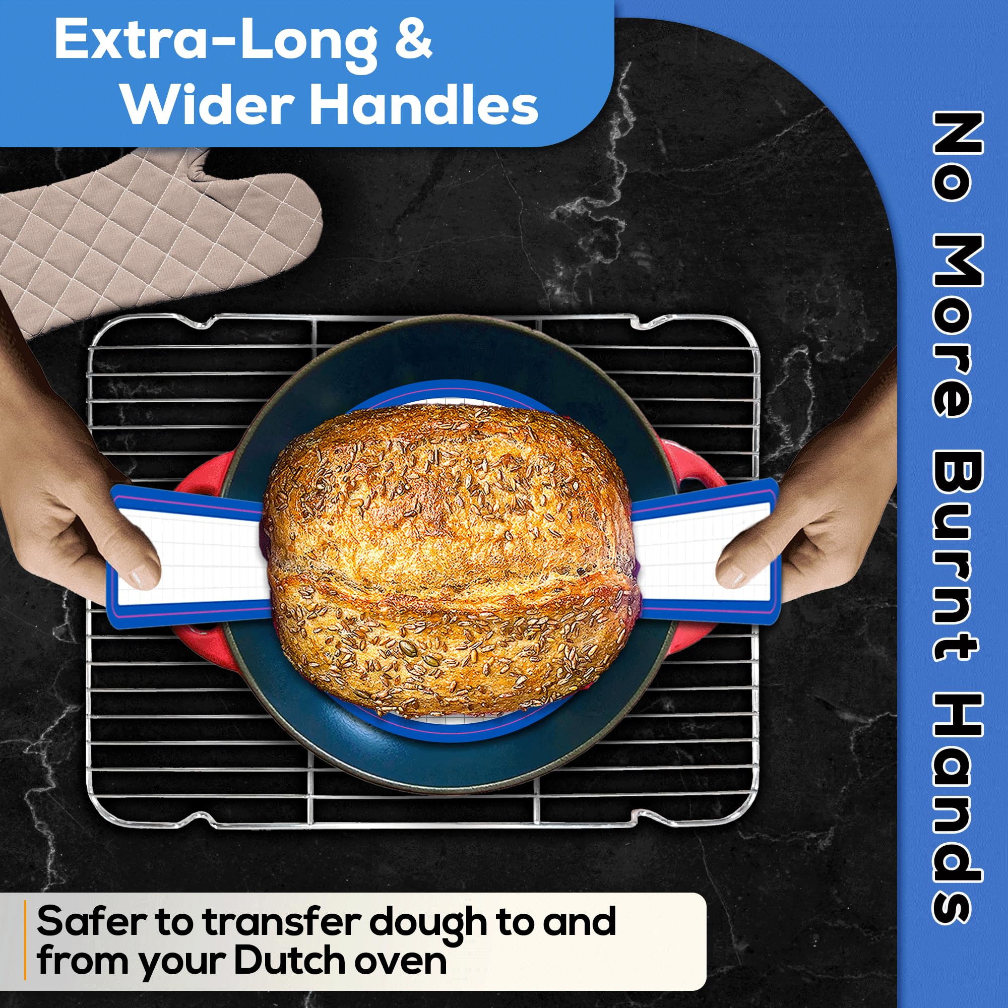Silicone Bread Sling Dutch Oven Liner - Extra Thick Non-Stick Reusable Silicone Sourdough Bread Baking Mat with Long Handles, Sourdough Bread Baking Supplies for Easy Dough Transfer (Trim Blue)