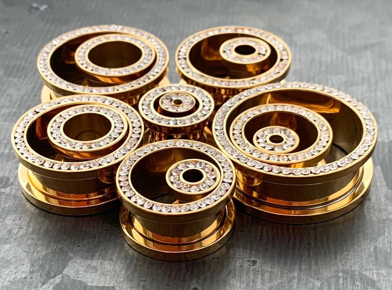 Lobal Domination PAIR of CZ Gem Rimmed Gold Ion Plated Tunnels Plugs Pierced Earlets Gauges (1" (25mm))