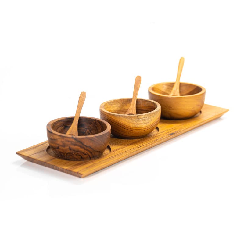 Rainforest Bowls Set of 3 Javanese Teak Wood Condiment Dipping Bowls w/Tray & 3 Spoons- Hot & Cold Friendly, Ultra-Durable - Exclusive Luxury Custom Design Handcrafted by Indonesian Artisans