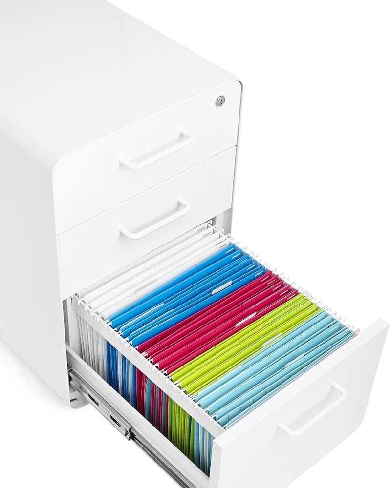 Poppin Stow 3-Drawer Rolling File Cabinet - White. 2 Utility Drawers and 1 Hanging File Drawer. Two Locking and Two Non-Locking Wheels. Powder-Coated Steel. Two Keys Included
