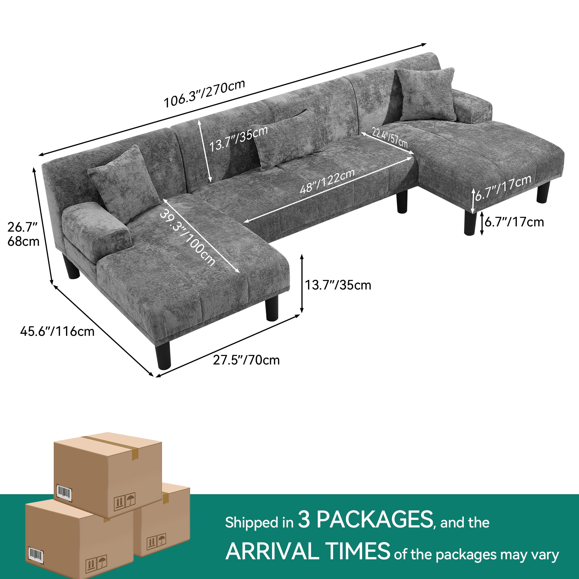 YITAHOME Sectional Couches for Living Room, U Shaped Sofa Chenille Modern Couch with USB & Type C Charging Ports Double Chaise and Comfy Upholstered Sofa, Grey