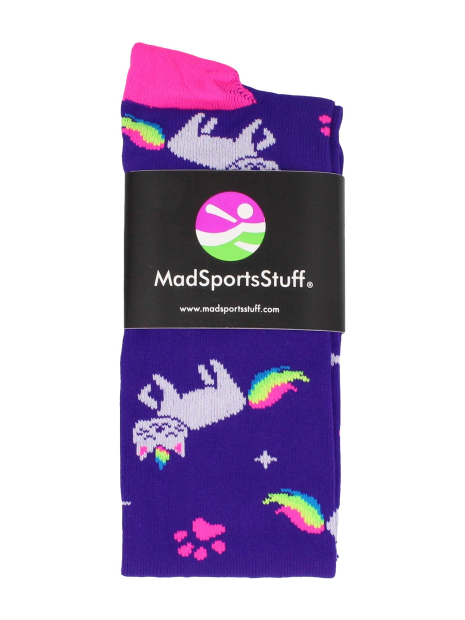 MadSportsStuff Neon Rainbow Caticorn Over the Calf Socks (Purple/Neon Pink, Small)