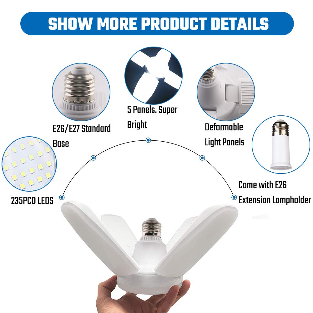LED Garage Light 60W 6000LM Deformable LED Garage Ceiling Lights E26 6500K Daylight Lamps with 4 Adjustable Panels,Deformable LED Shop Lights for Garage,Warehouse,Workshop,Basement,Barn Lighting