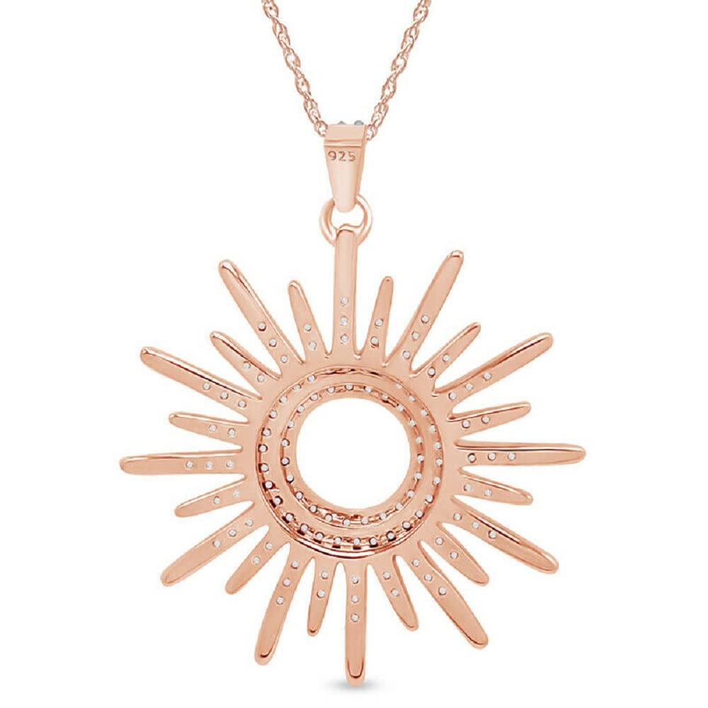 Round Cut White Diamond 925 Sterling Silver 14K Rose Gold Over Diamond Sunburst Pendant Necklace for Women's