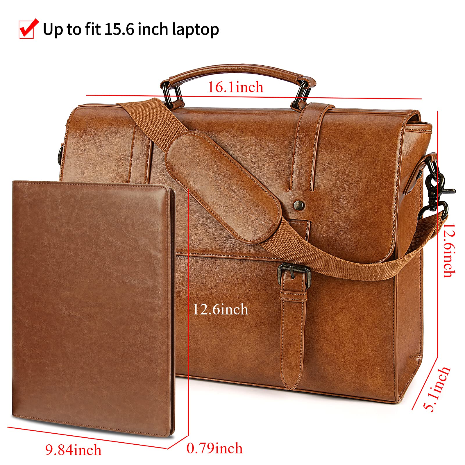 Leather Mens Messenger Bag Vintage 15.6 Inch Waterproof Leather Laptop Briefcase Large Satchel Shoulder Bag Retro Office College Computer Laptop Bag with Leather Padfolio, Brown