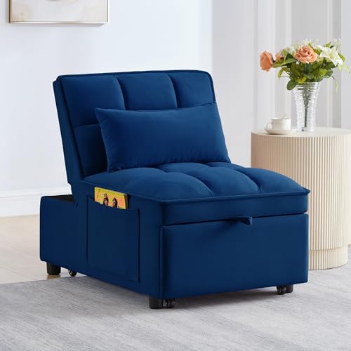 YOPTO Multi-Function Convertible Single Sleeper Sofa Bed with Storage Pockets,Velvet Tufted Pull-Out Couch Bed 4in1 W/Adjustable Backrest & Pillows,Chaise Lounge for Living Room,Small Space,Navy