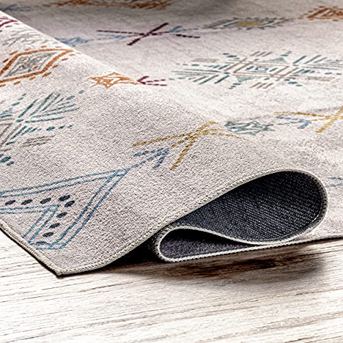 nuLOOM Kiya Machine Washable Moroccan Tribal Geometric Ultra Thin Area Rug, 6' x 9', Light Grey