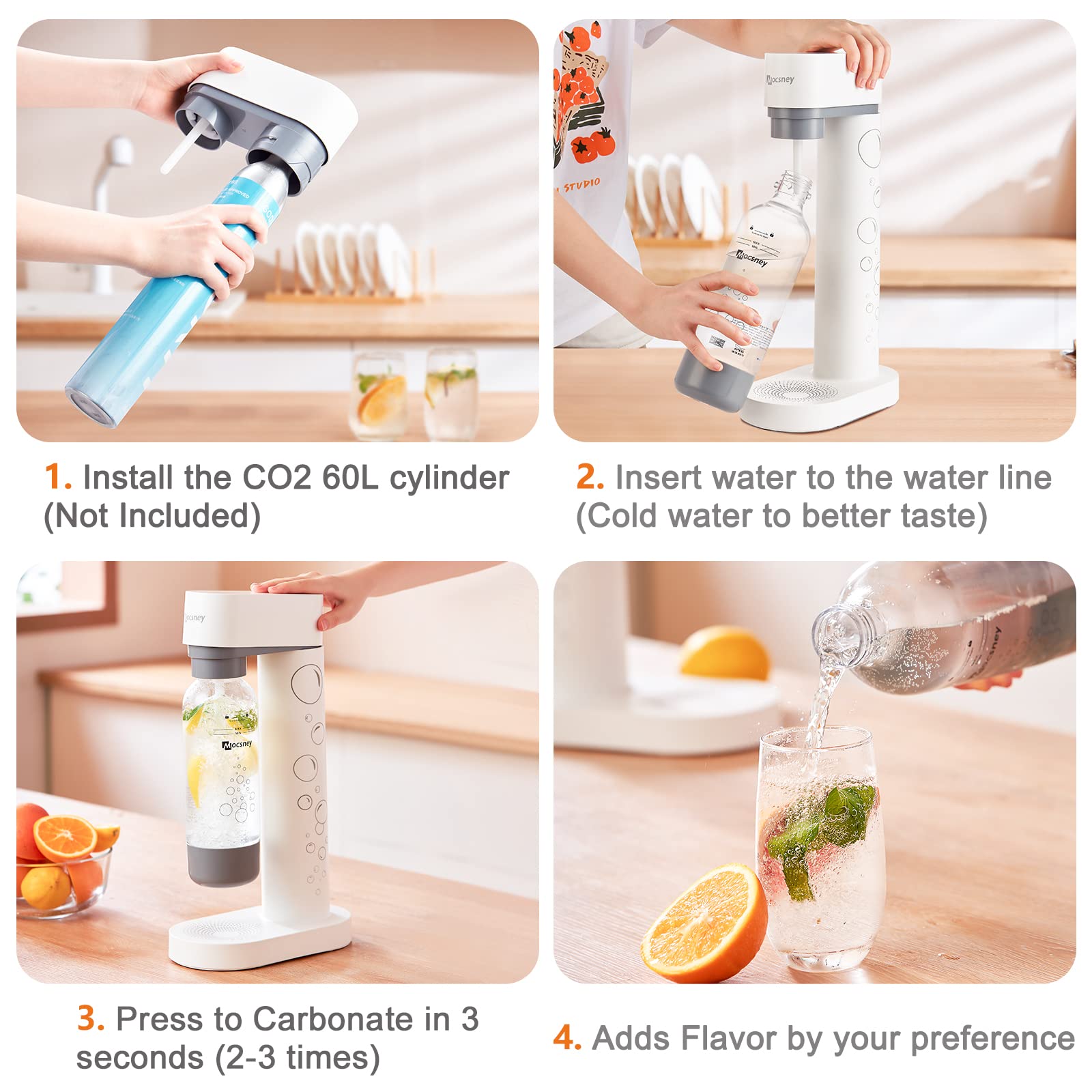 Mocsney Soda Maker, Sparkling Water Maker, Soda Maker Machine for Home Use with Safe-lock, Compatible with Any Screw-in 60L CO2 Cylinder (NOT Included)