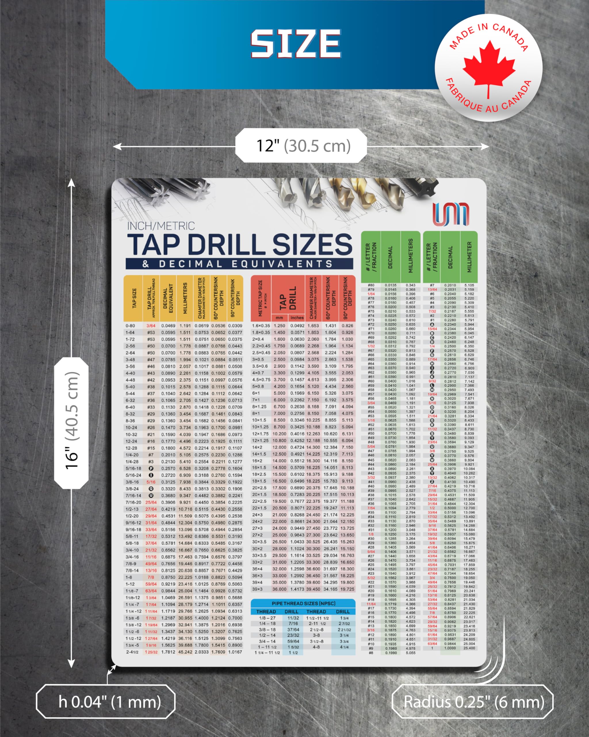 Useful Magnets Inch Metric Tap Drill Sizes Flexible Chart | Decimal Equivalents Magnetic Chart for Garage CNC Shop | Waterproof Comprehensive Guide Tool Posters 12" X 16"