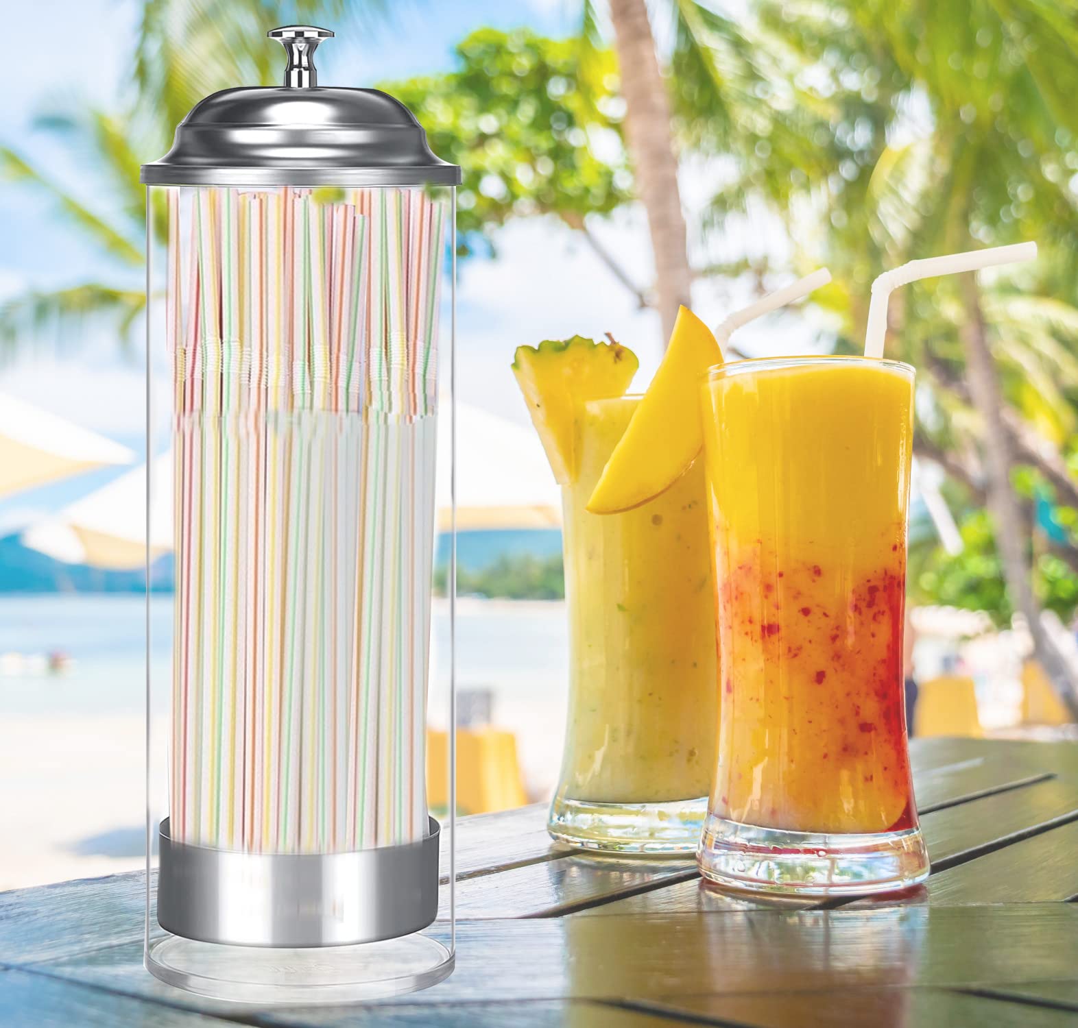 Straw Dispenser for Pencils with Stainless Steel Lid, Clear Acrylic Straw Holder, 100 Striped Plastic Straws