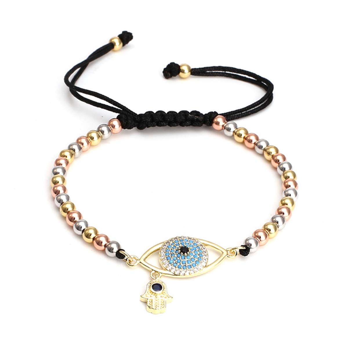 LJWVX Evil Eye 4mm Gold Plated Beads Bracelet Adjustable String Protection Bracelets for Women Girls