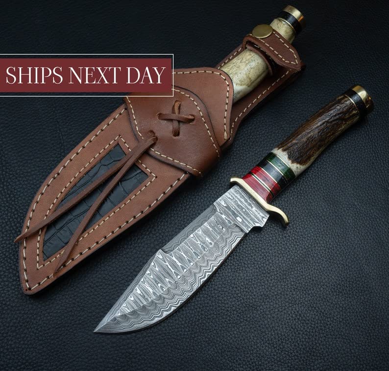 PSK158 - Handmade Damascus Steel Hunting Knife, Stag Horn Handle With Leather Sheath GIFT