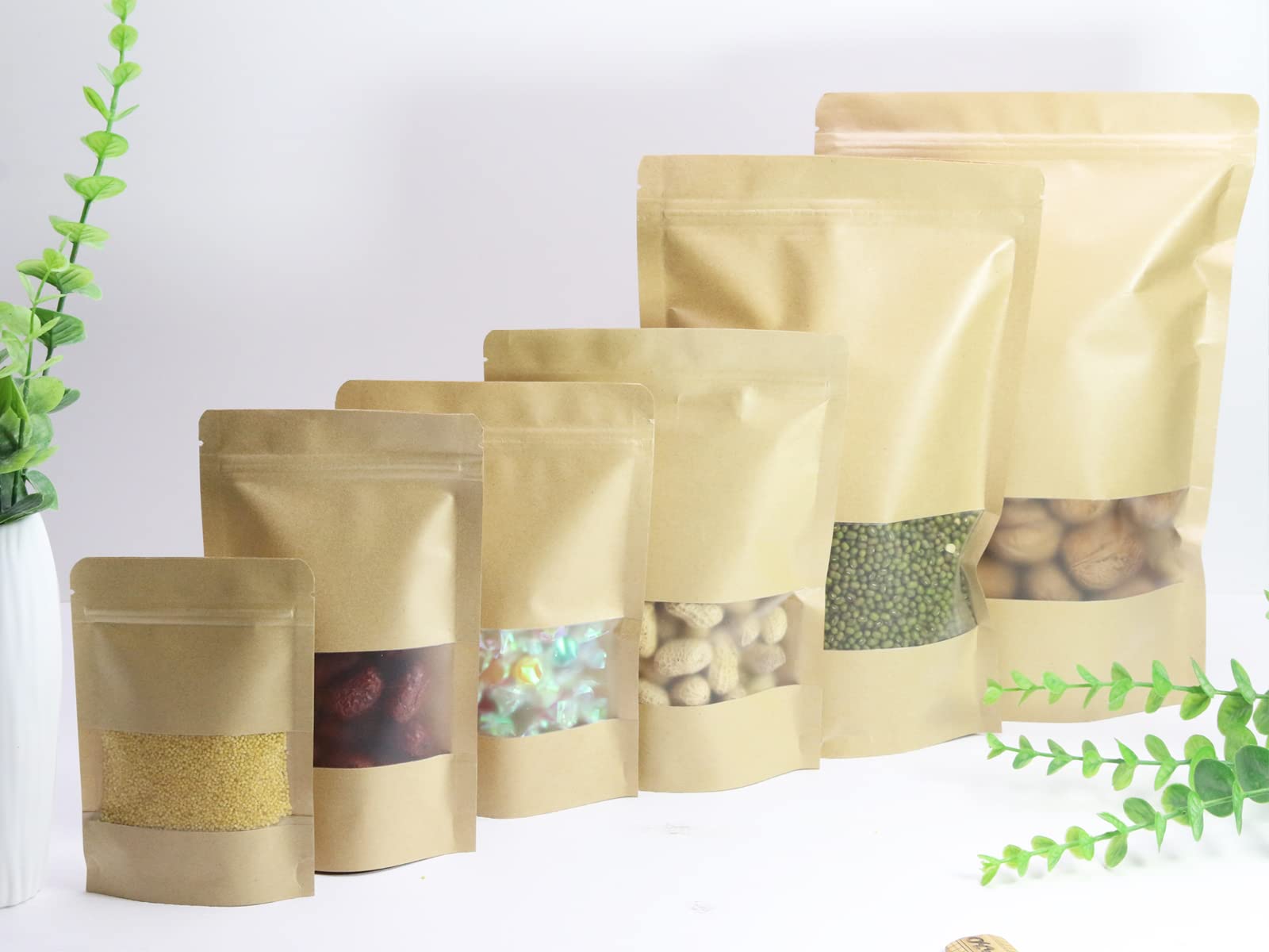 PQZKLDP 100pcs Assorted-Size Kraft Paper Bags with Matte Windows Reusable Smell Stand Up Pouches Bakery BagsFood Candy Coffee Tea Spice Sample Storage Sealable Bags for Small Business Packaging