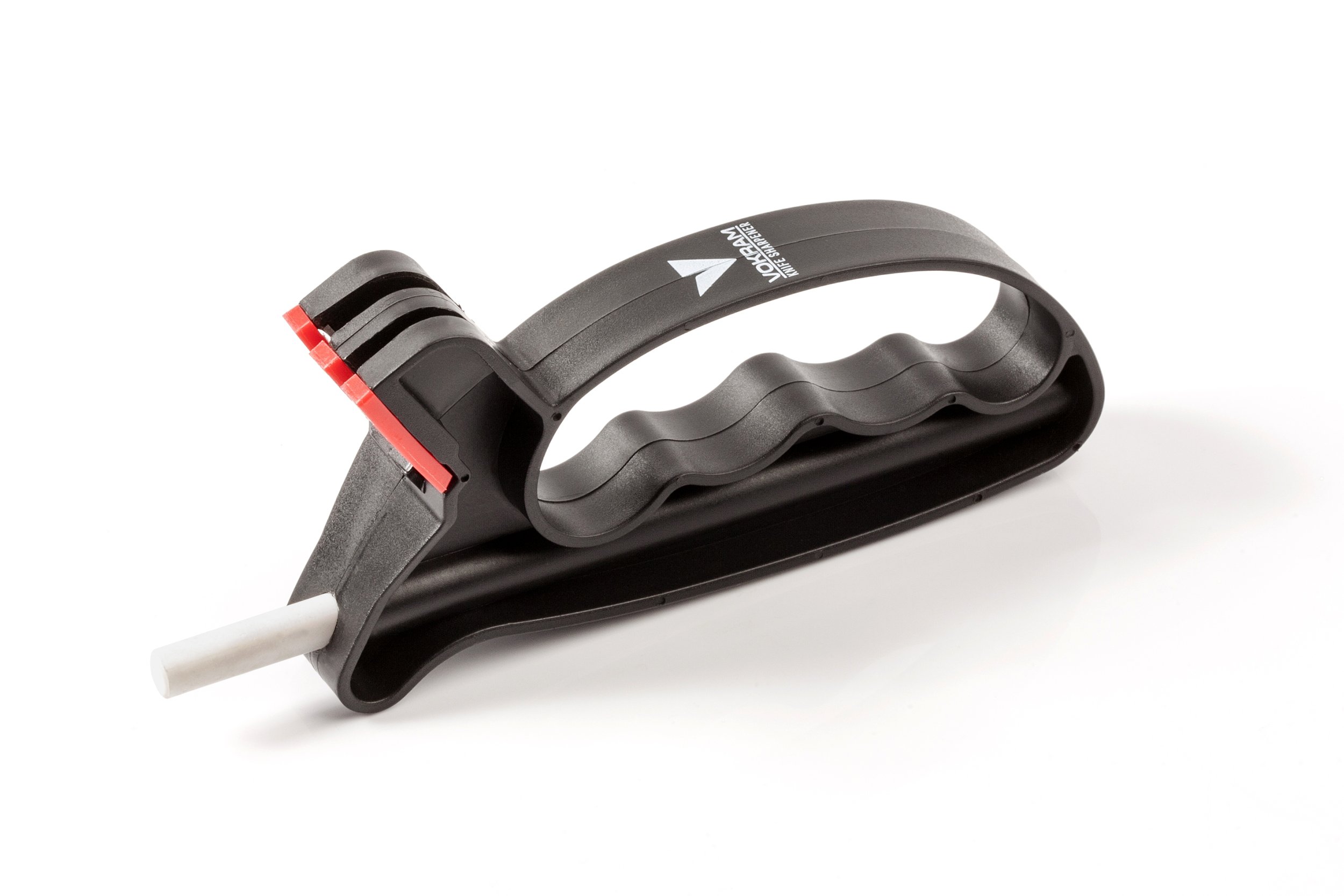 Manual Knife Sharpener with Comfortable Ergonomic Handle, Has Separate Tungsten Carbide Blades for Knives & Scissors & Extendable Ceramic Rod for Serrated & Specialty Knives, Black & Red by Vokram