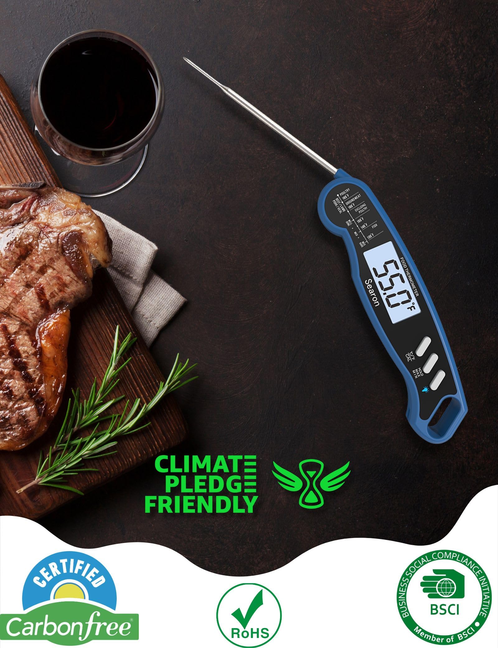 Searon Meat Thermometer,Calibration Feature Digital Food Thermometer with Instant Read Out,Backlight and Waterproof,Kitchen Thermometer for BBQ Grilling, Smoker, Baking Turkey