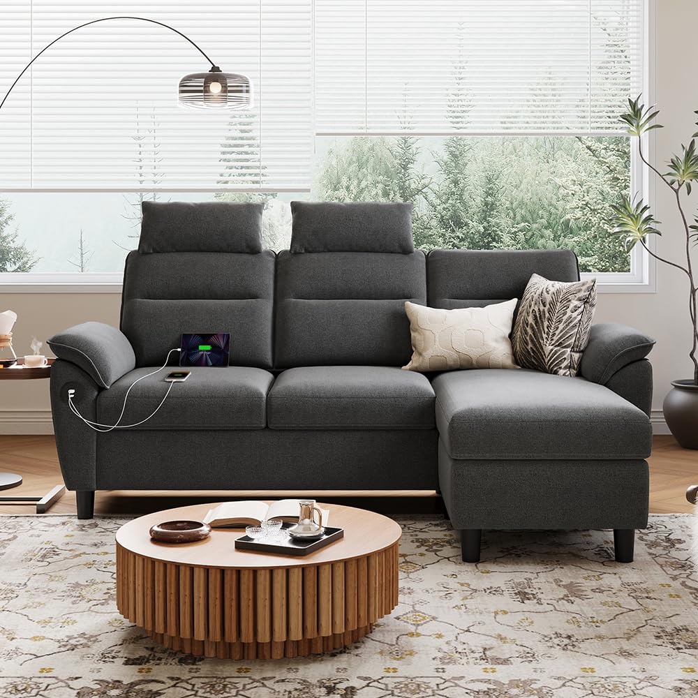 LINSY HOME Convertible Sectional Couch, High Back L Shaped Sofa with Two Removable Headrests and Type-C Fast Charging Ports, Small Sectional Sofa for Living Room, Dark Grey, LH012