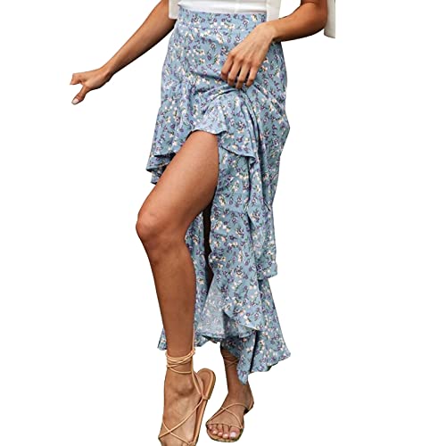 Skirts for Women Midi Length with Slit Denim Maxi Long Skirt Side Swing Dress Waist Floral Low Elastic Print Boho