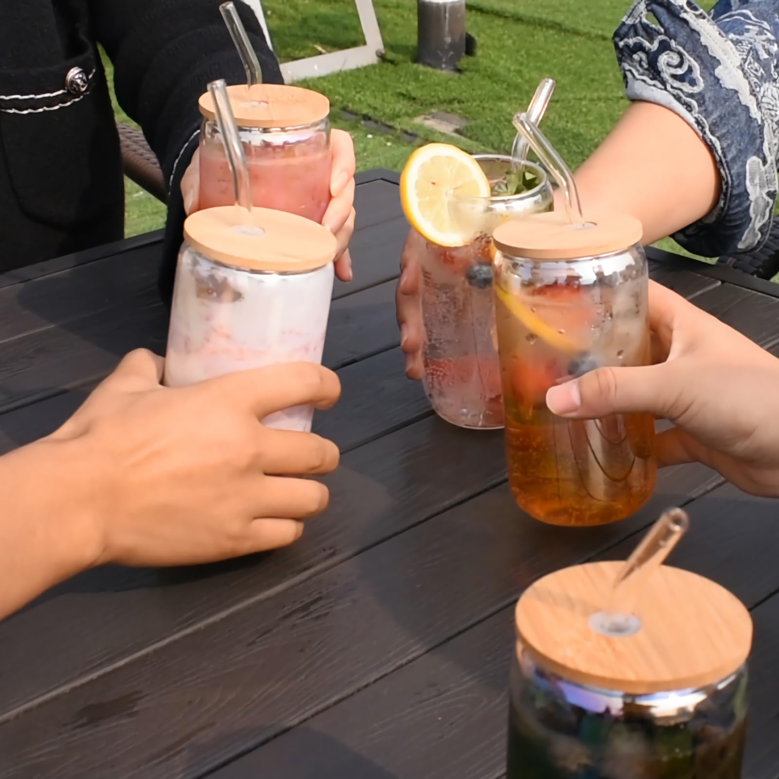 RoweLLsouL Glasses with Bamboo Lids and Clear Straws, 4 Pack 16oz Beer Glasses,Cute Tumbler Cup Iced Coffee Mug, Iced Coke Mug, Soda, Milk Tea,Gift - 4 Cleaning Brushes and 4 coasters