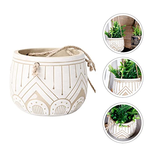 Yardwe 1pc Geometric Line Flowerpot Succulent Hanging Planter Ceramic Planter Suspension Plant Container Flower Pot Vase Planter Pots for Indoor Plants Flower Bed Bonsai Cement White