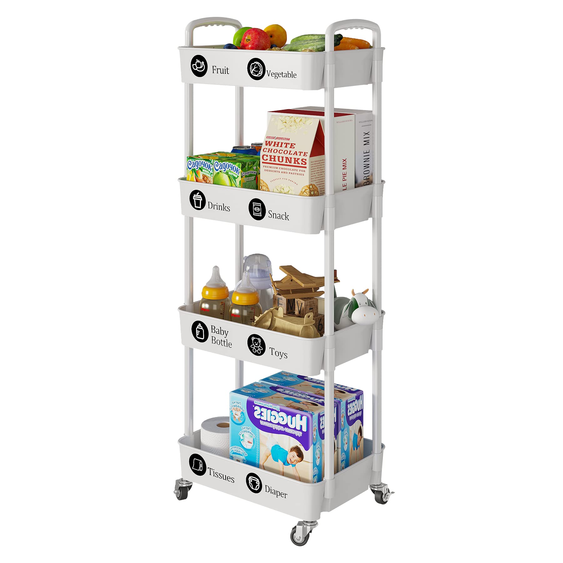 Laiensia 4-Tier Storage Cart,Multifunction Utility Rolling Cart Kitchen Storage Organizer,Mobile Shelving Unit Cart with Lockable Iron Wheels for Bathroom,Laundry,Room,with Classified Stickers,White