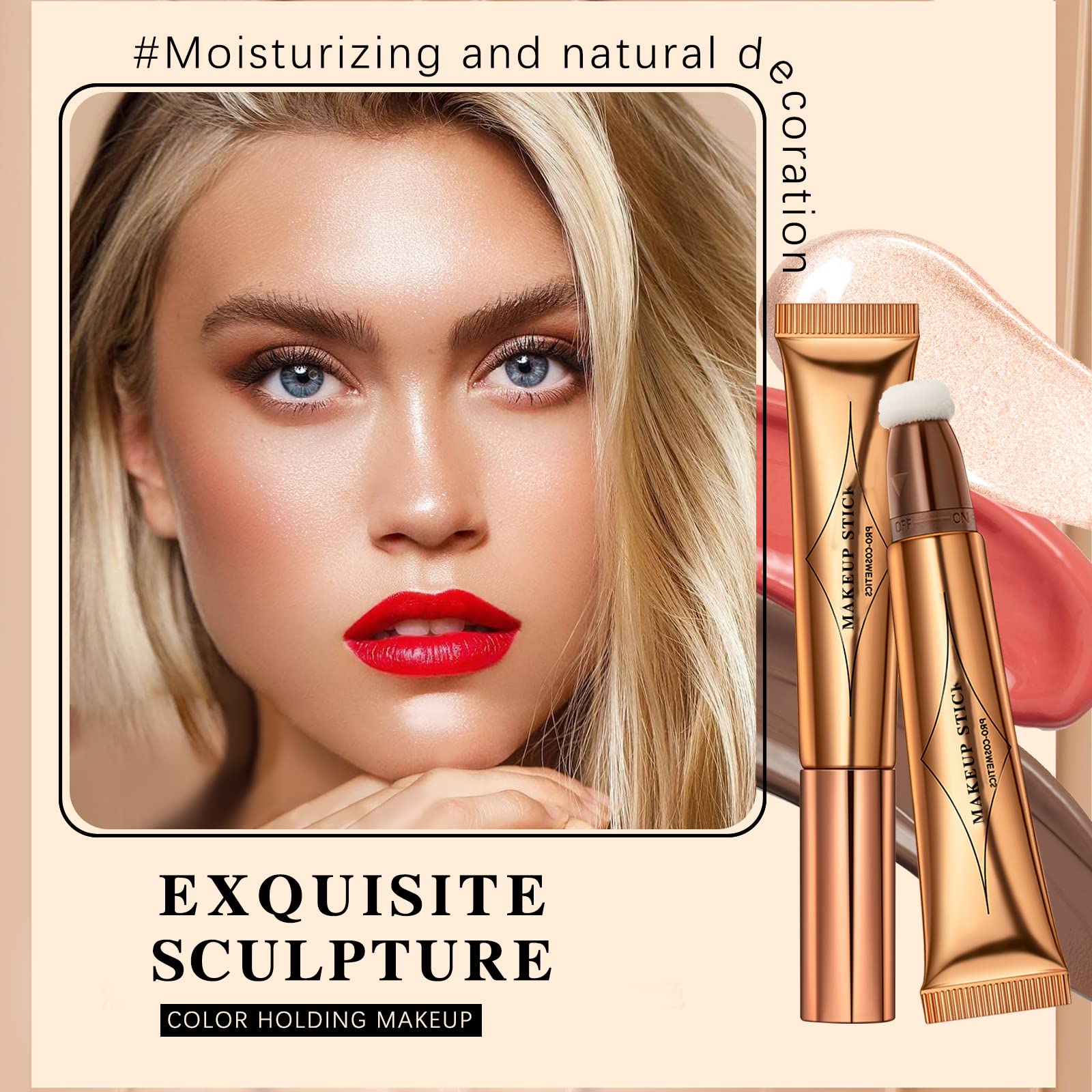 NewBang 3pcs Contour Beauty Wand Blush Highlighter Contouring Stick Set With Cushion Applicator Liquid Cream Face Rouge Bronzer Luminizers Pen Trio Smooth Blendable Moisturizing Waterproof Makeup