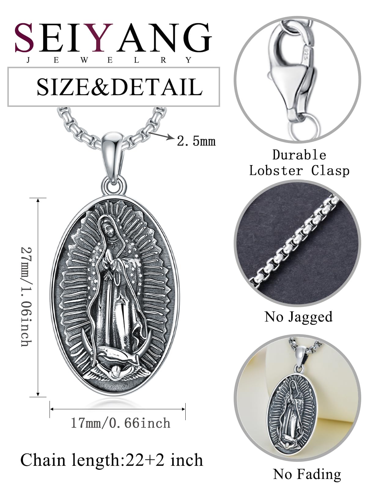 Seiyang Virgen de Guadalupe Necklace Sterling Silver Virgin Mary Pendant Miraculous Medal Pendant Religious Gift for Women Mom