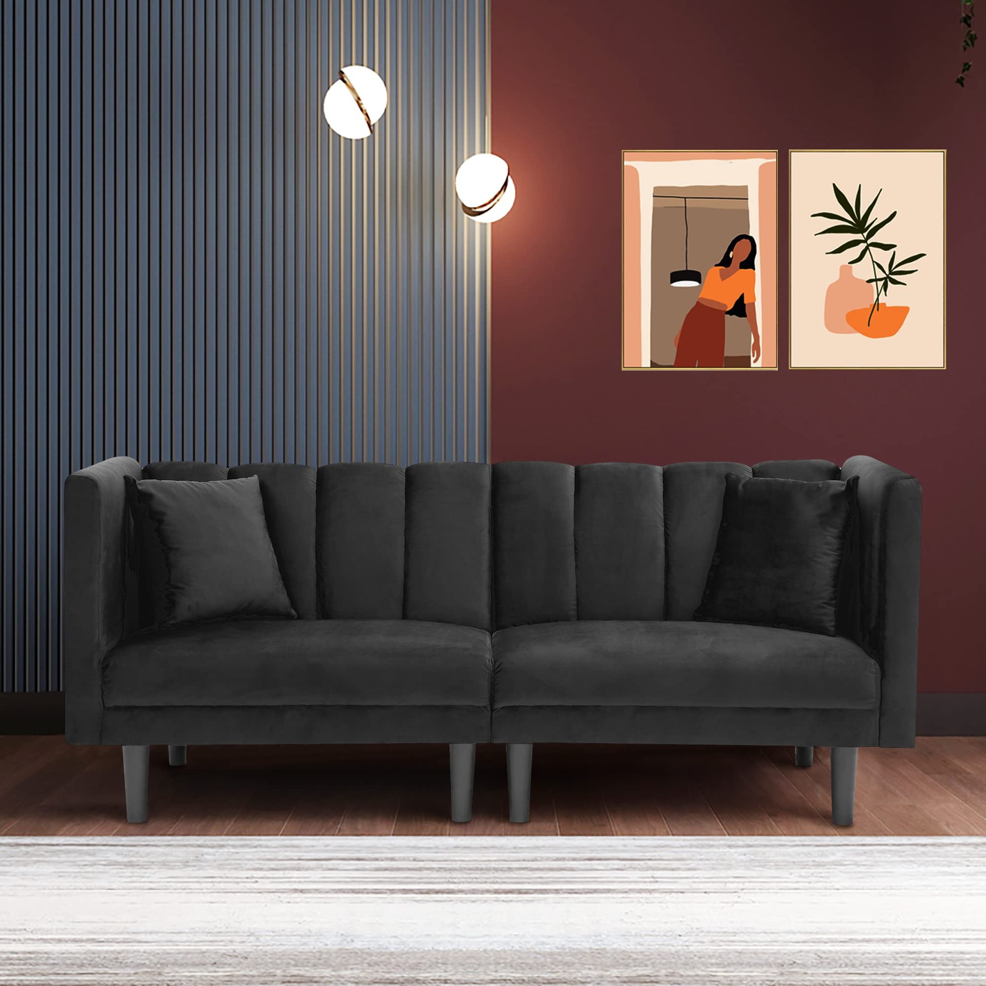 Lepfun Convertible Velvet, Modern Sleeper 2 Pillows, 3 Adjustable Angles for Backrest, Living Room Couch with 7 Sturdy Metal Legs, Upholstered Loveseat for Home, Office, Black, Futon Sofa Bed 1