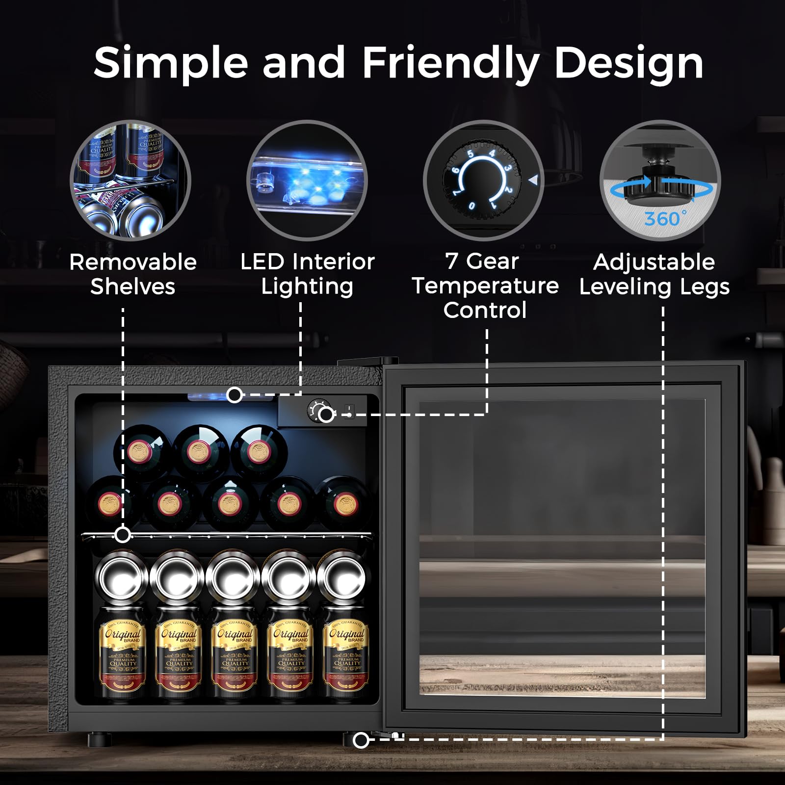 Kndko 1.3 Cu.Ft 12 Bottle 48 Can Beverage Refrigerator, Small Fridge with Tinted Double Pane Glass Door for Wine Beer Soda, Drink Cooler for Home Office Bar with Stainless Shelving
