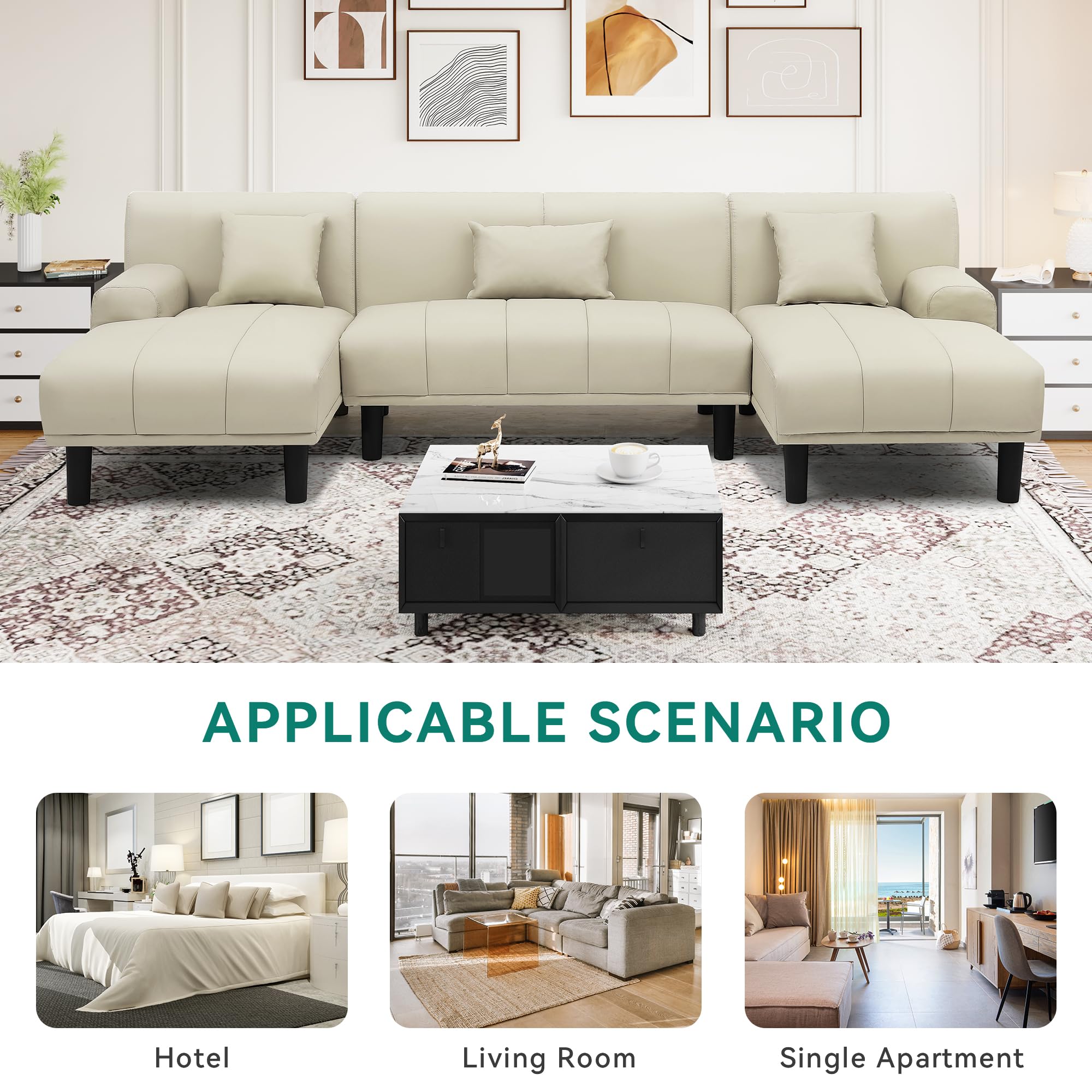 YITAHOMA Sectional Couches for Living Room, U Shaped Sofa Faux Leather Modern Modular Couch with USB & Type C Charging Ports Double Chaise and Comfy Upholstered, Beige