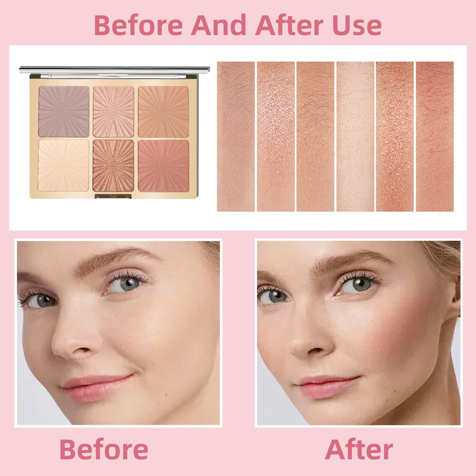 NewBang 6 Colors Blush Highlighter Makeup Palette,Bronzer Powder Matte Shimmer Metallic Finish,Face Blusher Contour Highlight Glitter Waterproof & Long Lasting Bling Natural Sparkle for Woman