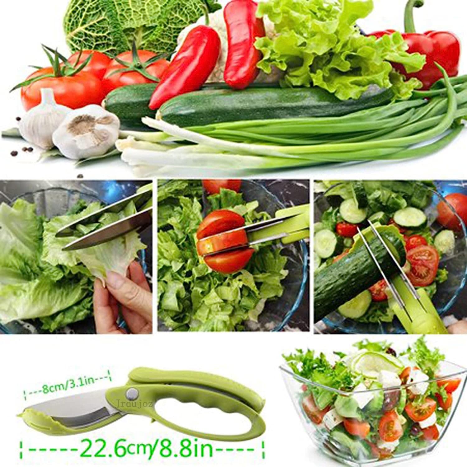 Salad Scissors for Chopped Salad, Lettuce Tong Scissors for Salad Bowl and Cutter, Multifunction Double Blade Salad Chopper Tool (Green)