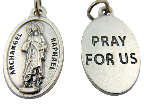 Lumen Mundi L&M Silver Toned Base Archangel Saint Raphael Pray for Us Medal Pendant, 1 Inch
