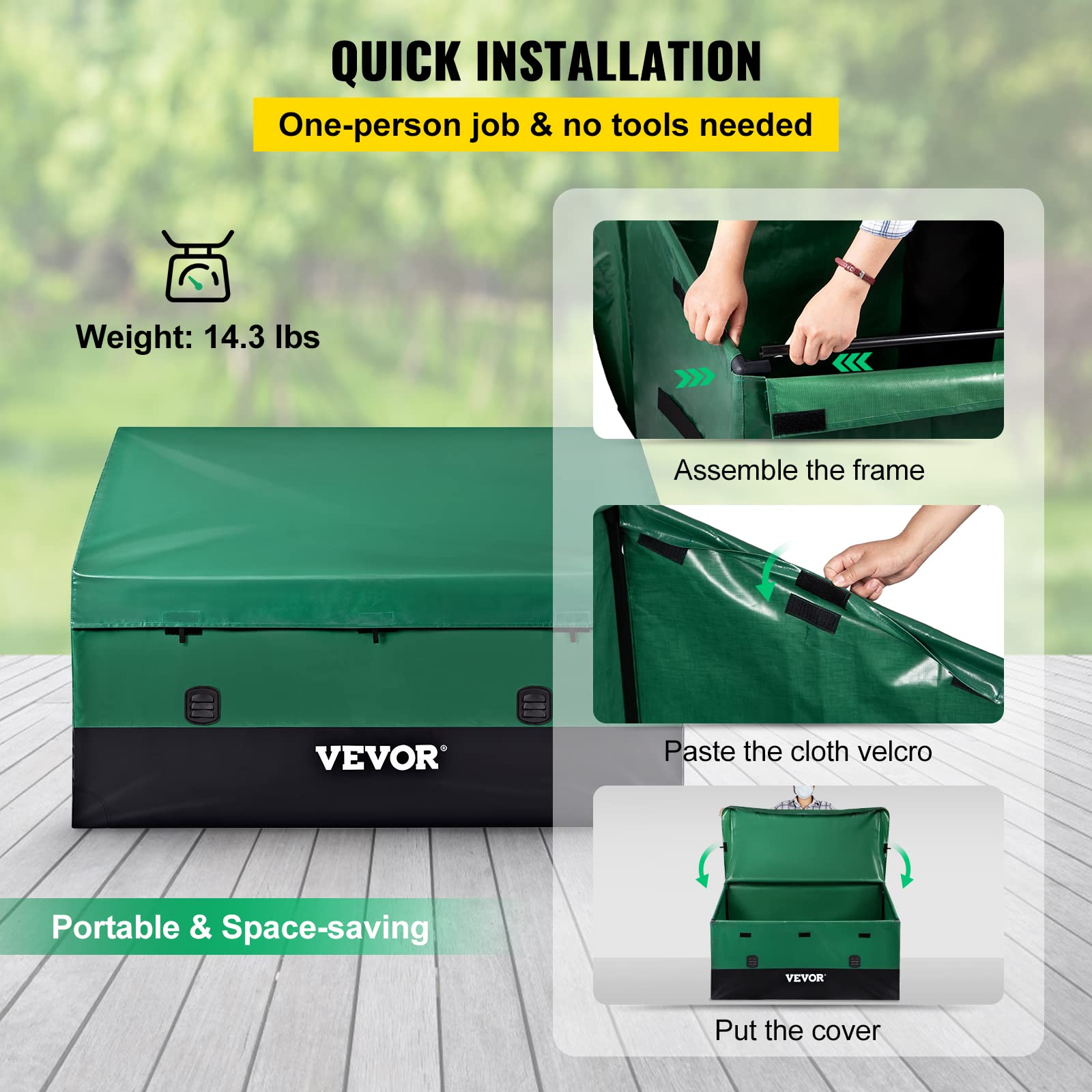 VEVOR Outdoor Storage Box, 150 Gallon Waterproof PE Tarpaulin Deck Box w/Galvanized Frame, All-Weather Protection & Portable, for Camping, Garden, Poolside, and Yard, Black & Green
