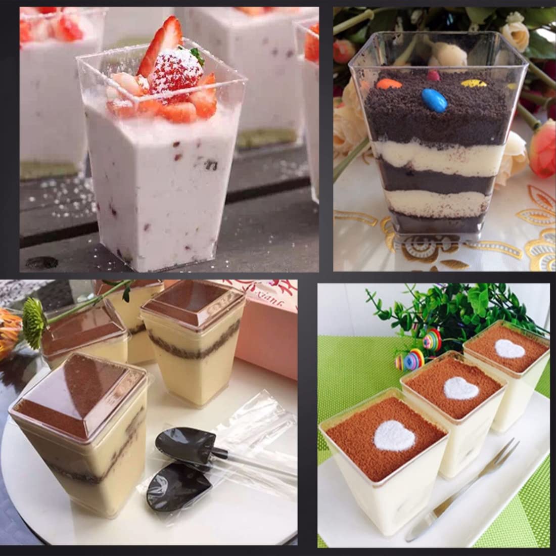 Qicfrk 50 Pack Clear Plastic Dessert Cups β5 oz Parfait Cups with Lids Disposable Mini Square Cup Shooter Cup Dessert Shooters Lids Appetizer Cups for Puddings,Ice Cream