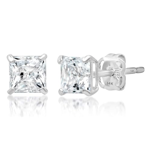 MAX + STONE 14k Yellow Gold Princess Cut CZ Earrings for Women & Men | Cubic Zirconia Square Studs with Gold Earring Backs | 1 Carat total