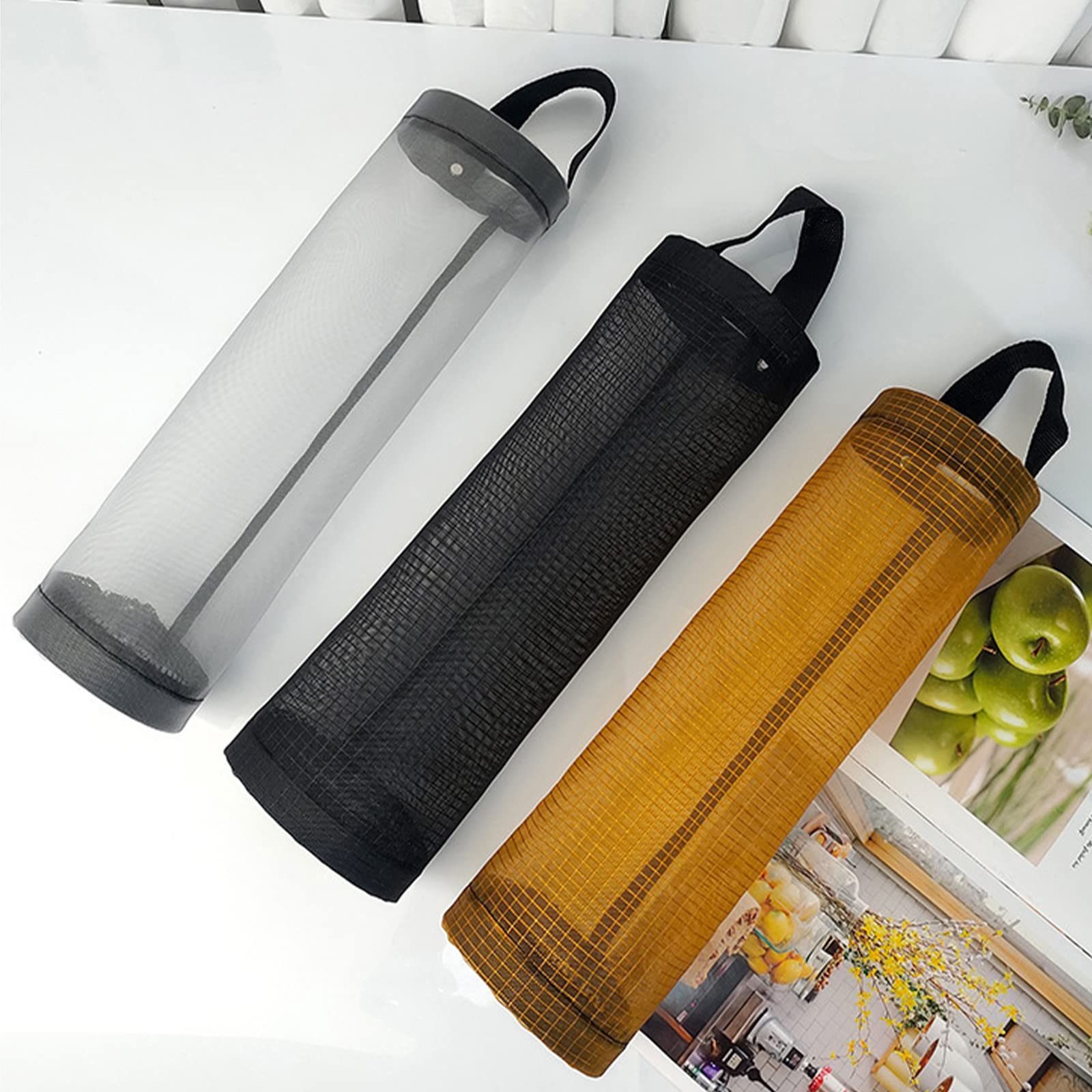 Plastic Bag Holder, Mesh Grocery Bag Holder Hanging Storage Bag Dispenser Foldable Breathable Washable Organizer for Home Kitchen (Black Gray Yellow 3 packs)