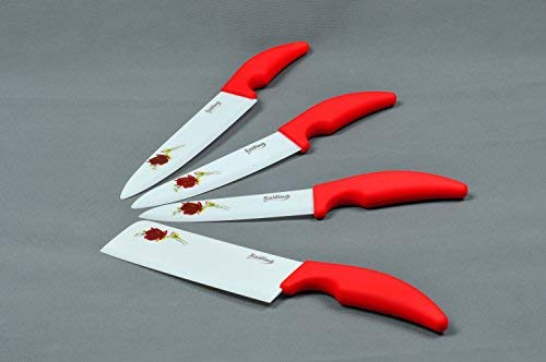 Sailing. Elegant 6.5-inch Ceramic Chef's Knife, Red Handle,White Blade with Red Flower - Best Kitchen Ceramic Cutlery, Featuring Designs