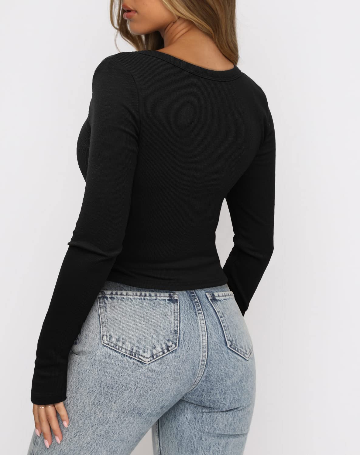 QUYEA Women's Square Neck Long Sleeve Ribbed Slim Fitted Shirts Tops Casual Basic Bodycon Crop Top Black,X-Large