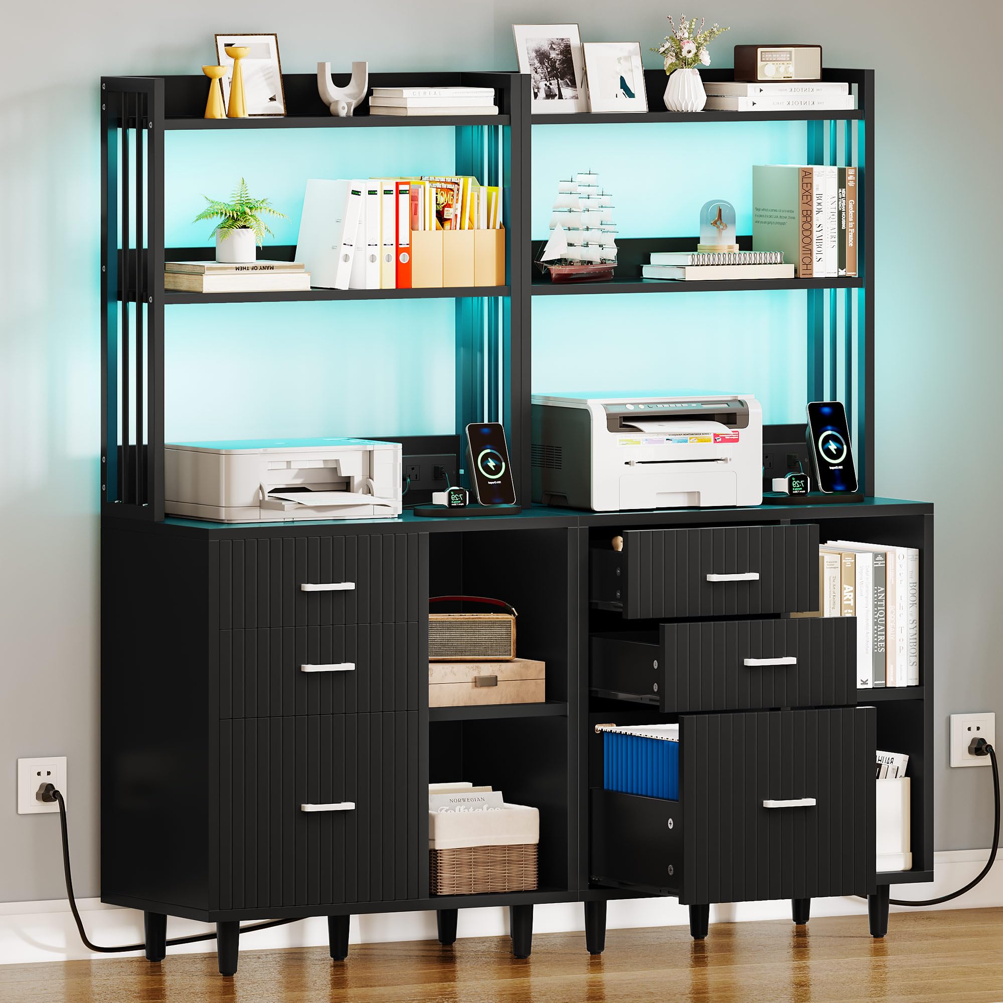 YITAHOME 3 Tier Bookcase, Bookshelf with Lighting, File Cabinet with Charging Station, 3 Drawer Wood Filing Cabinet, Printer Stand with Open Storage Shelves for Home Office, Black