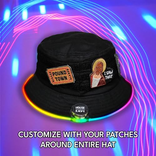 Secret Patch Pocket LED Bucket Hat - Customizable Rave Bucket Hat for Men, Women - Multicolor LED Bucket Hat - Velcro Compatible Patch Bucket Hat