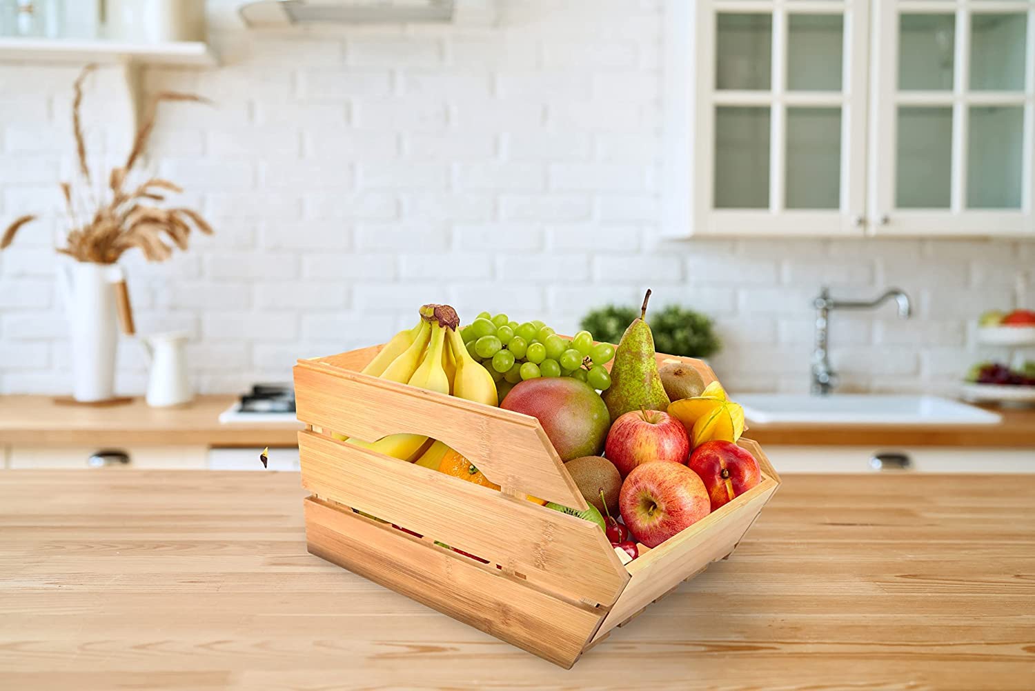 ROYALHOUSE Bamboo Fruit Basket, Stackable Basket, Fruit & Vegetable Storage For Kitchen Countertop, Bamboo Fruit Bowl, Tabletop Fruit Serving Bowl (Pack of 2)