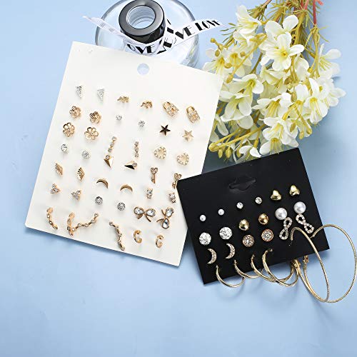 LOLIAS 93 Pairs Assorted Multiple Earrings Set for Women Cute Simple Faux Pearl Hoop Bar Moon Star CZ Stud Earring Jewelry,Gold Tone