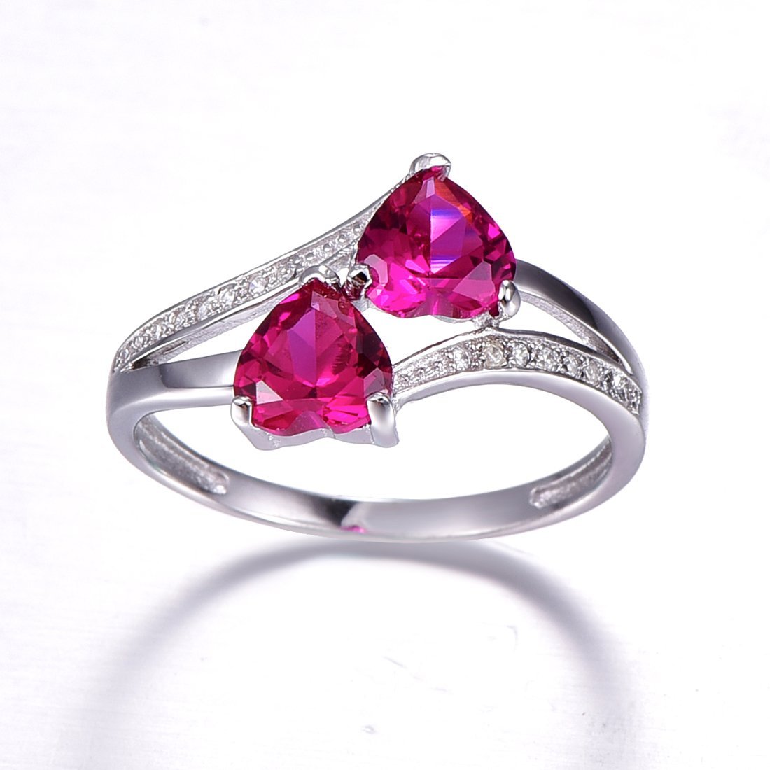 Merthus 6x6mm Heart Shape Simulated Ruby 925 Sterling Silver Double Heart Promise Ring for Women Size 8